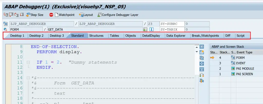 Exploring ABAP Debugger[4]: Work with different desktops – Discovering ABAP